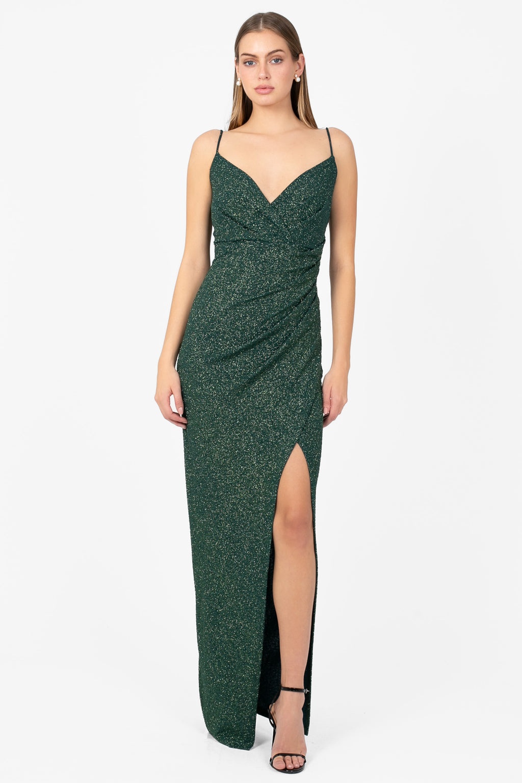 Bianca Side Ruched Shimmer Maxi Dress – honey