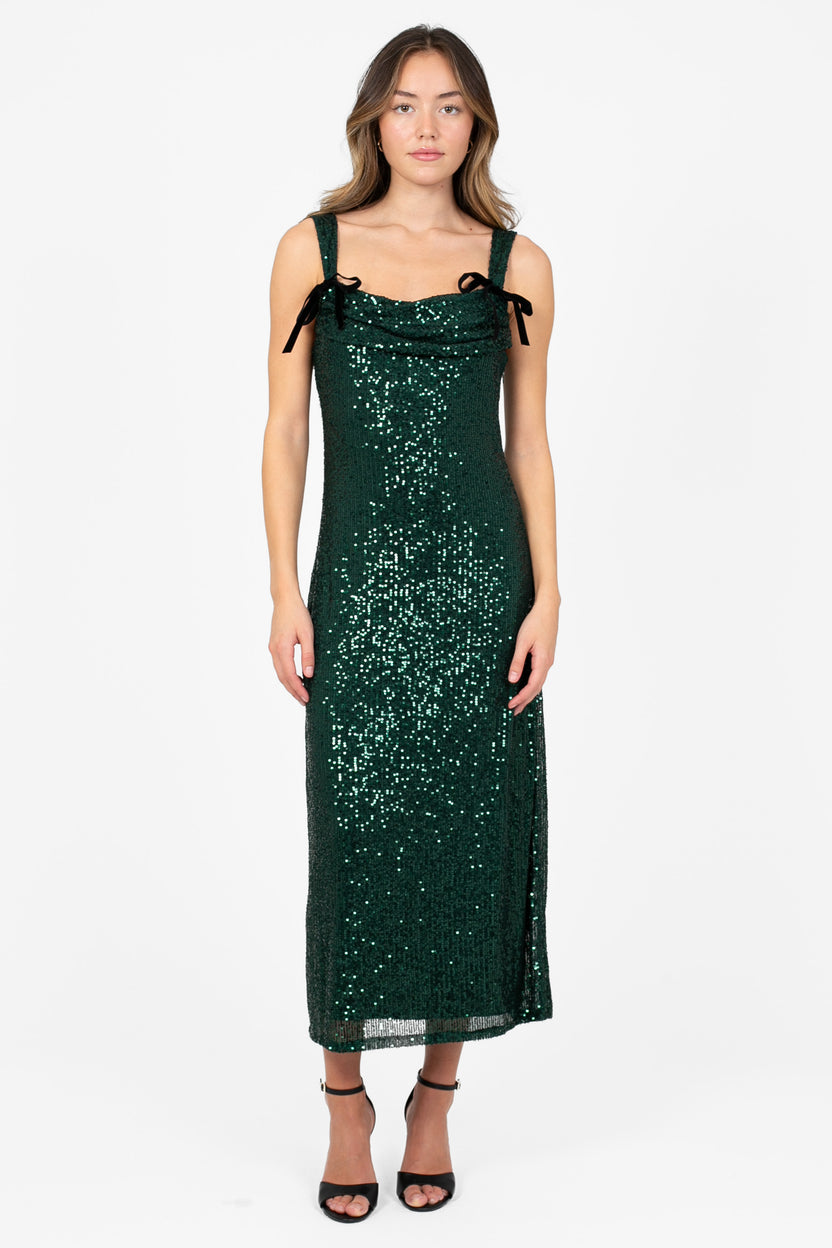 Evergreen Elegance Sequin Midi Dress – honey